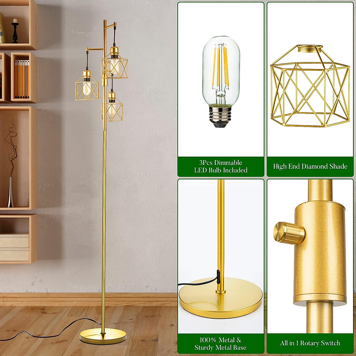 Decorative Gold Floor Lamp,3-Light Farmhouse Floor Lamps for Living Room with Smooth Dimmable ( Adjust Brightness Nightlight ), Modern Style Standing Tall Lamp of Diamond Cage - Bulb Included