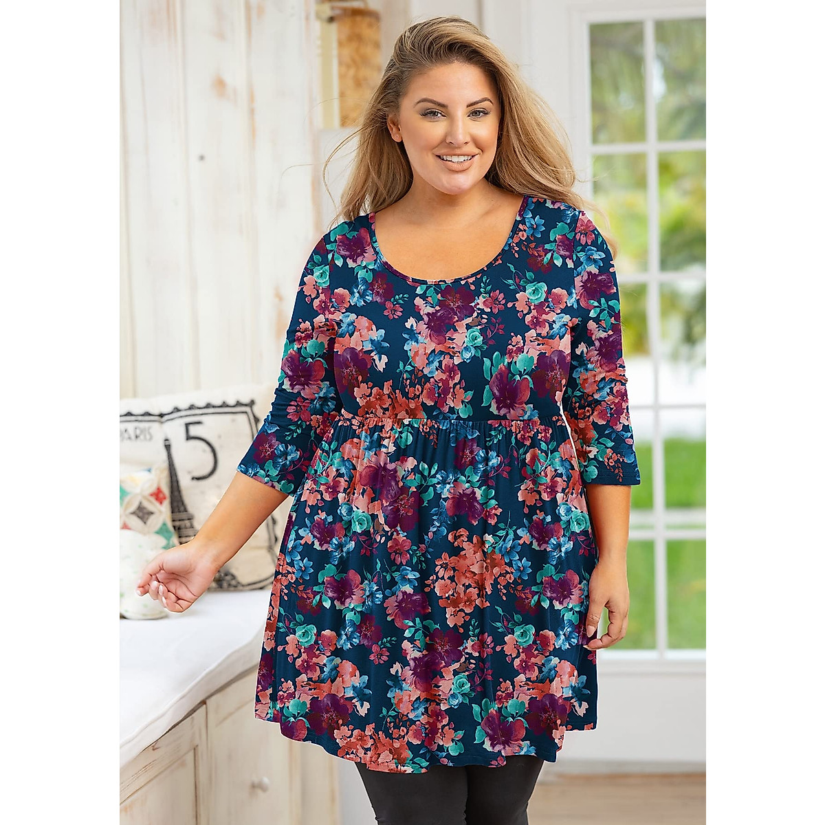 AusLook Plus Size Tunic Tops for Women 3/4 Sleeve Colorful Roses 2X Blouses Crewneck Clothes Pleated Clothing Flowy Babydoll Summer Fall Winter Maternity Shirts