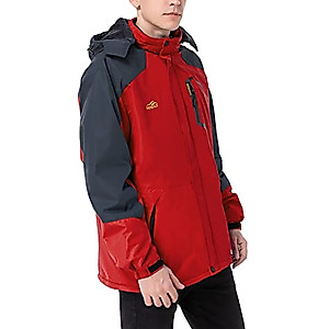 Men's Mountain Waterproof Ski Jacket Windproof Rain Jacket Winter Warm Snow Coat II with Removable Hood U120WCFY028,Red,L