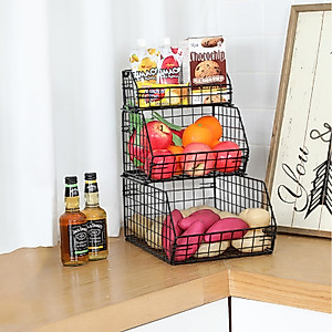 Yuzehuaza 3 Tier Fruit and Vegetable Basket Wall-Mounted & Countertop Organizer for Potato Onion Stackable Wire Baskets for Pantry Kitchen Cabinet for Produce Snack Canned Food Storage, Black