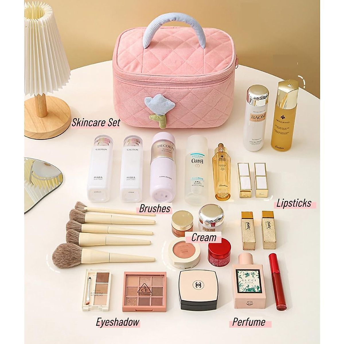 Cute Tulip Cosmetic Bag Large Capacity Makeup Bag Multifunctional Portable Wash Pouch for Travel Lightweight Skincare Toiletry Bag for Women (White)