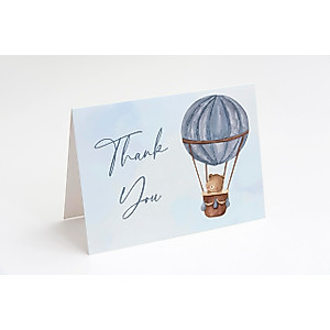 The Invite Lady Hot Air Balloon Thank You Cards Baby Shower Birthday Teddy Bear Adventure Awaits Blue Boy Sky Clouds (24 Count)