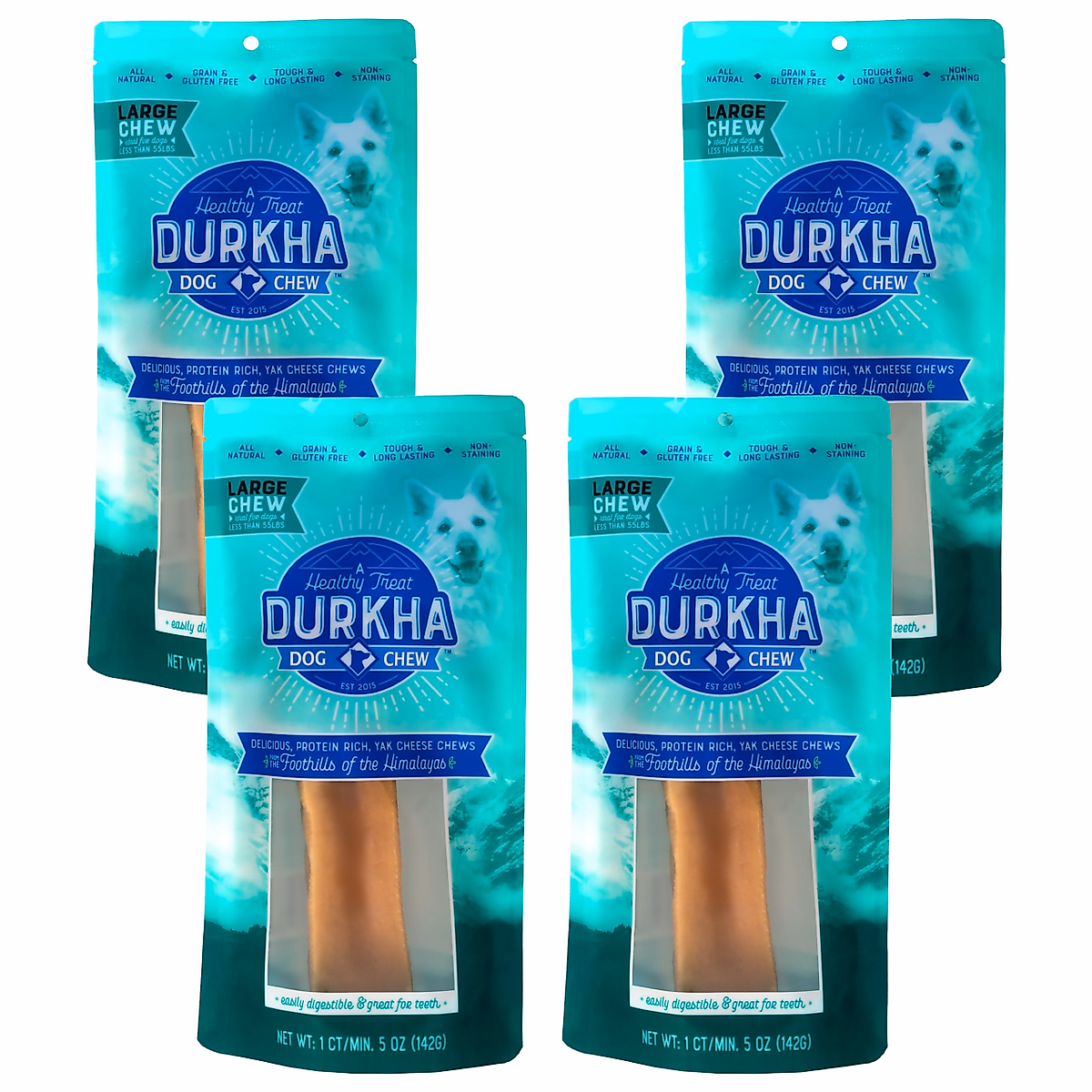 Durkha Yak Cheese Chews: Himalayan Yak Cheese Dog Chews- Natural, Healthy & Long Lasting Dog Treats - Grain, Gluten & Lactose-Free Rawhide Alternatives, for Dogs 55 lbs and Smaller, 4 Pack of Large