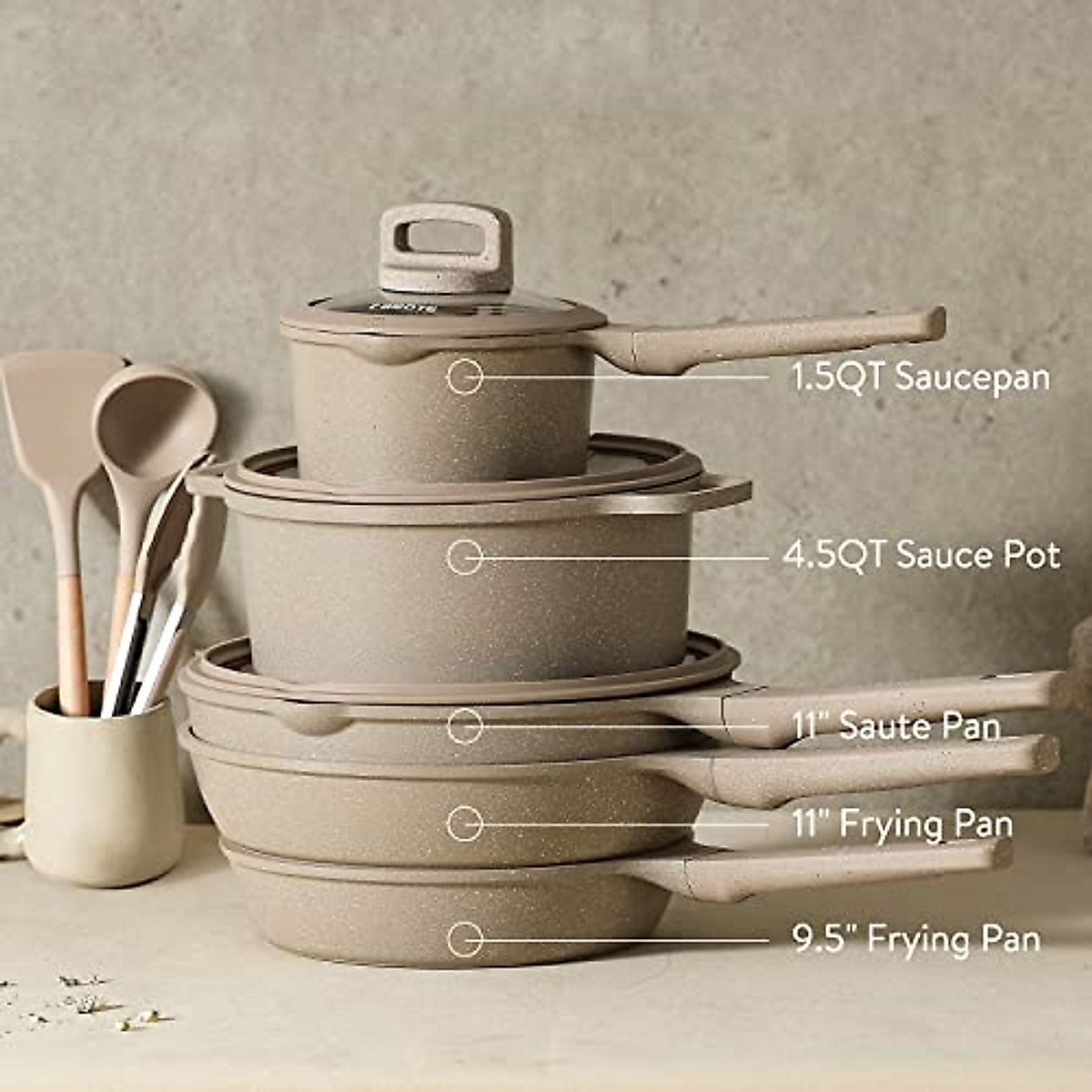 CAROTE Pots and Pans Set Nonstick, 11Pcs Kitchen Cookware Sets, Stackable Induction Cookware, Pot and Pan set, Pans for Cooking, Taupe Granite