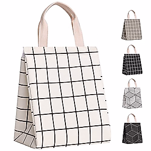 HOMESPON Reusable Lunch Bag Insulated Lunch Box Canvas Fabric with Aluminum Foil, Lunch Tote Handbag for Women,Men,Office (White Plaid)