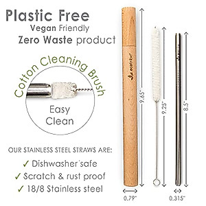 Reusable Metal Stainless Steel Straws: 2 Travel Reusable Straws + 1 Wooden Case + 1 Cotton Cleaning Brush + 1 Pouch, for Hot and Cold Drinks, Portable for Personal Use, 8.5 inches, by Ecotribe