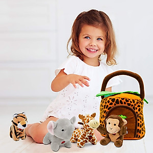 Hoovy Plush Jungle Animals Toy Set (5 Pcs) with Carrier for Kids|Stuffed Monkey, Giraffe, Tiger & Elephant|Great for Boys & Girls