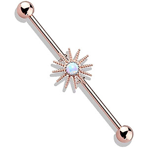 Covet Jewelry Opal Center Sunburst 316L Surgical Steel Industrial Barbell (Rose Gold/Opal White)