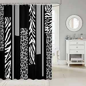 Leopard Print Shower Curtains,Cheetah Zebra Skin Geometric Patchwork Bathroom Curtains,Girls Women Room Decor,Rustic Farmhouse Black White Grey Fashion Waterproof Curtains,12 Hooks Suits,72"W x 72"L