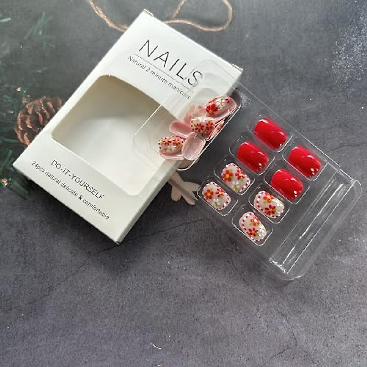 KKUUOO French Tip Press on Nails Square Fake Nails Medium False Nails with Colorful Flower Designs Cute Press on Nails Full Cover Acrylic Nails Stick on Nails Glossy Glue on Nails for Women 24Pcs