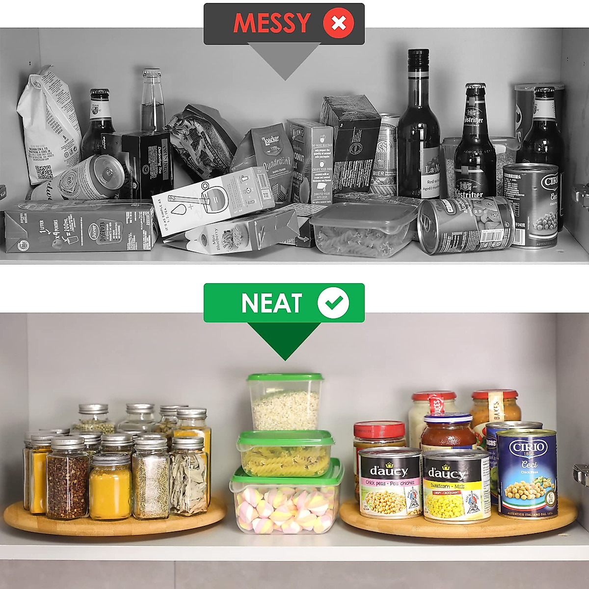 10 Inch Bamboo Wood Lazy Susan Organizers - Non-Skid Turntable Rack for Table, Pantry Organization and Storage, Kitchen, Cabinets, Closets, Spice Rack - Large Base, Anti-Rollover - 2 Pack