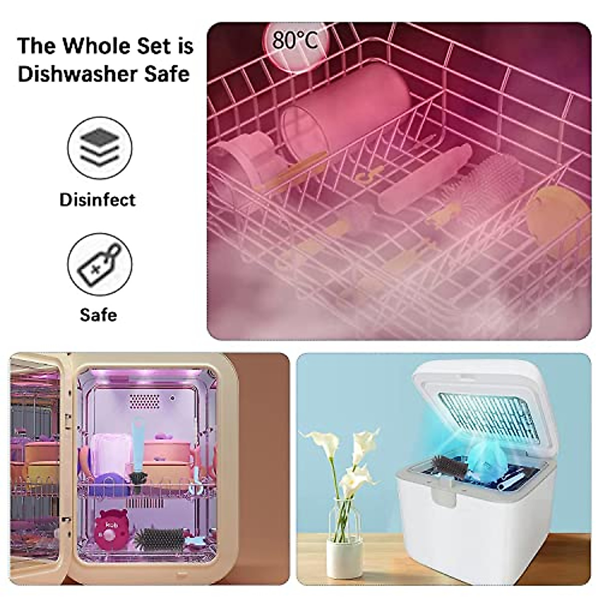 6 in 1 Baby Bottle Brush Set, Bottle Cleaner Kit with Silicone Bottle Brush, Nipple Brush, Straw Cleaning Brush, Soap Dispenser, Baby Bottle Drying Rack for Travel and Home Use (Pink)