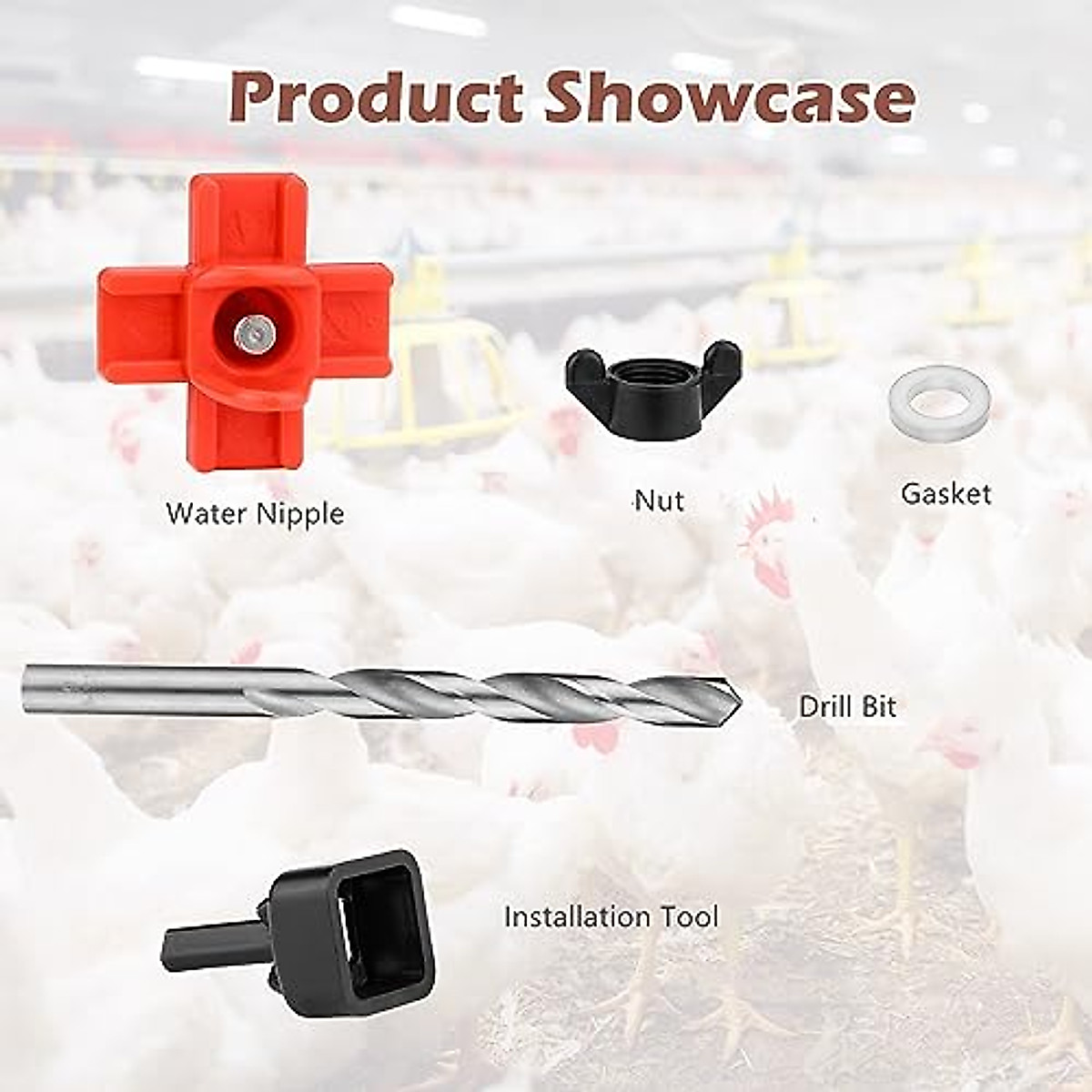 Chicken Water Nipples, 15 Pcs Horizontal Poultry Automatic Waterer Nipples for Bucket with 15 Pcs Ring Gaskets, 15 Pcs Wing Nuts, 9mm Drill Bit and an Installation Tool Ullnosoo