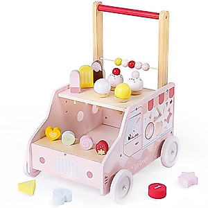 labebe Wooden Baby Walker with Wheels for Girls 12 Months, Baby Push Walker for 1 Year Old Sit to Stand Walker for Baby Girl/Boy, Ice Cream Cart for Kids Age 1-3Y, Toddler Pretend Play Dessert Truck