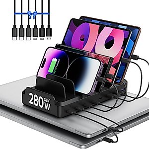 280W USB C Charging Station for Multiple Devices, 8 Port Multi Device Fast Charging Station for MacBook iPhone 15 Phone iPad Tablets Black (6 Mixed Short Cables Included)