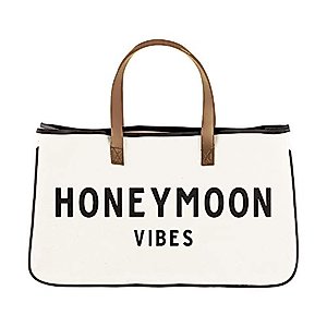 Santa Barbara Design Studio Tote Bag Wedding Collection Black and White 100% Cotton Canvas with Genuine Leather Handles, Large, Honeymoon Vibes