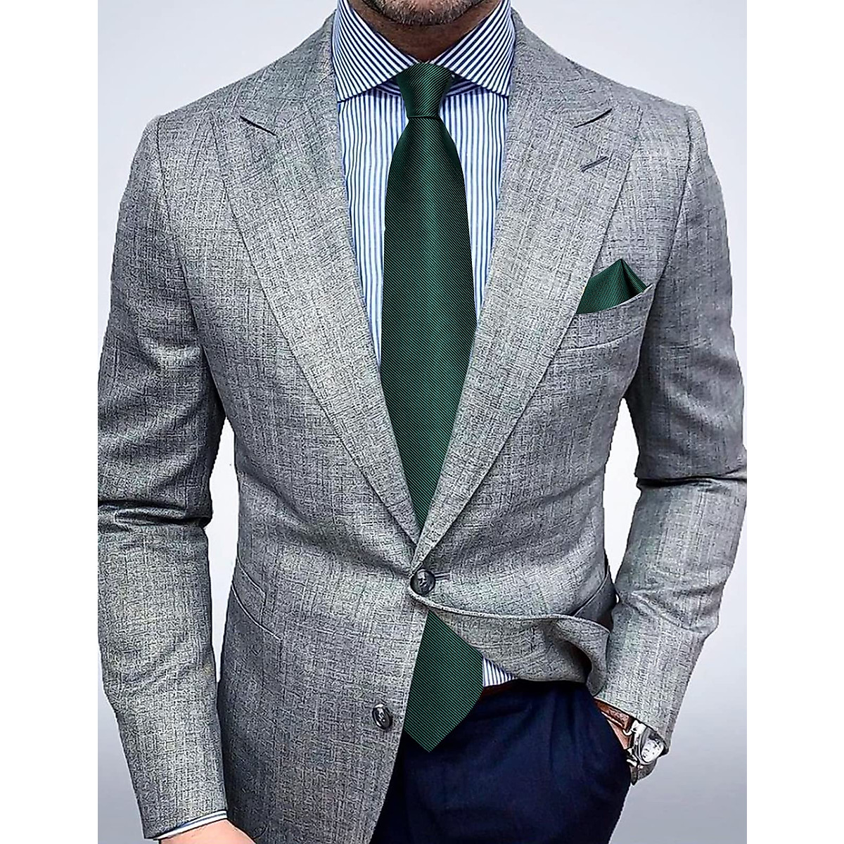 DiBanGu Mens Solid Color Tie and Pocket Square Set Woven Silk Plain Necktie & Handkerchief for Men Wedding Party Formal, Emerald Green