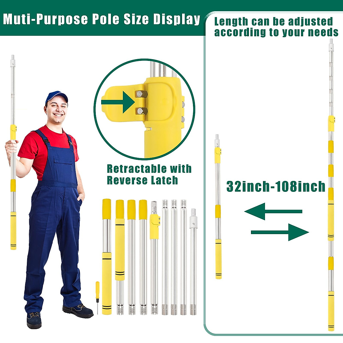 Frebuta Multi-Function Extension Pole, 2Ft to 10Ft Paint Roller Telescopic Extension Pole Heavy Duty Extendable Pole Light Bulb Changer with Long Handle Stainless Steel Tube Sturdy for Cleaning