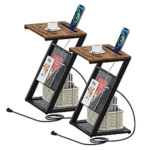 Yifeel End Table Set of 2 with Charging Station, Side Table with Storage Shelf, Bedside Table, Nightstand for Small Spaces, Living Room, Bedroom, Rustic Brown and Black JET002CSR2