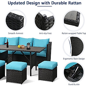 AECOJOY Patio Furniture Set, 7 Pieces Outdoor Patio Furniture with Dining Table&Chair, All Weather Wicker Conversation Set with Ottoman and Patio Set Cover, Blue