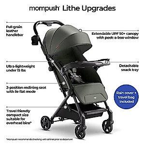 Mompush Lithe V2 Lightweight Stroller + Snack Tray, Ultra-Compact Fold & Airplane Ready Travel Stroller, Near Flat Recline Seat, Cup Holder, Raincover & Travelbag Included