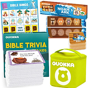 QUOKKA 3X Set Bible Games for Kids 4-6 - Board Bingo Game - Bible Trivia for Family - Noah Ark Toy - Cooperative Card Games for Toddlers Ages 4-8 - Christian Gifts for Kids for Sunday School