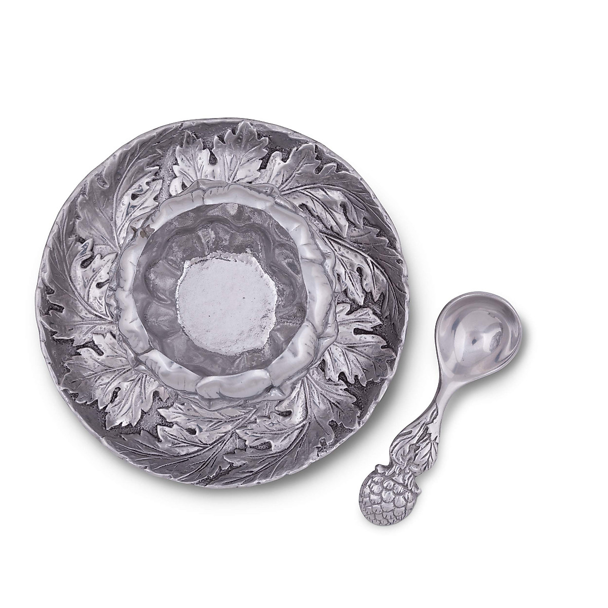 Arthur Court Aluminum Artichoke Condiment Set 3 piece Bowl, Tray, Spoon 7 inch Diameter Tray