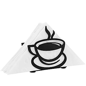 MyGift Black Metal Upright Dining Table Napkin Holder with Cafe Steaming Cup Cutout Design, Countertop Kitchen Coffee Bar Decor