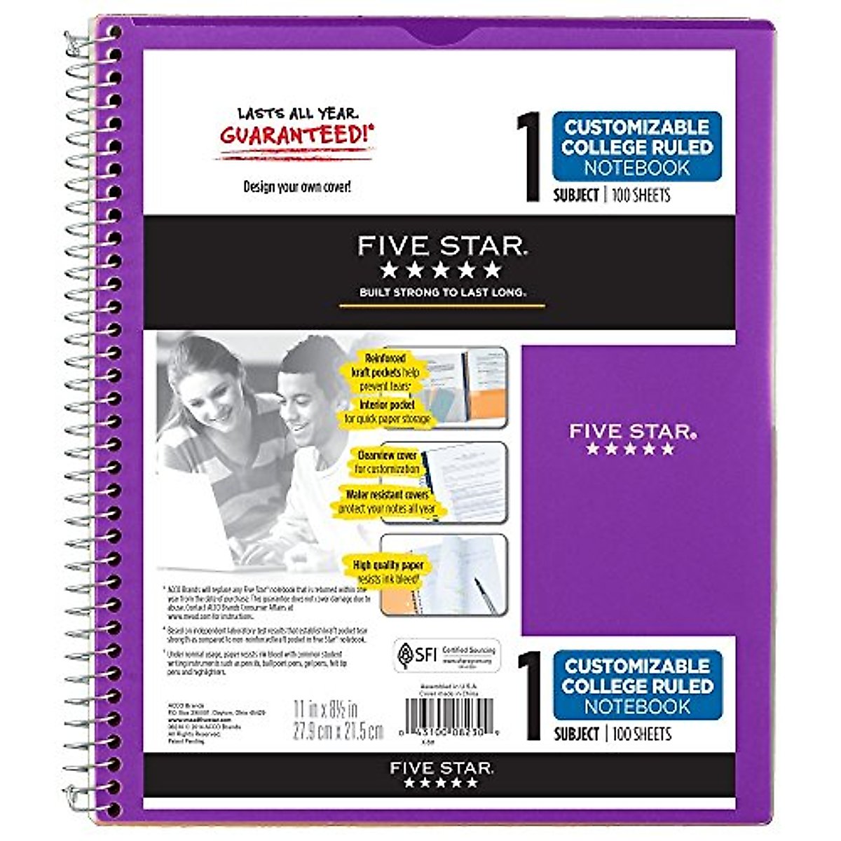 Five Star Spiral Notebook, 1 Subject, College Ruled Paper, 100 Sheets, 11" x 8-1/2" Sheet Size, Customizable Cover, Color Selected For You, 1 Count (08230)