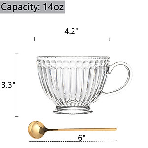 Dicunoy Set of 4 Glass Cappuccino Mugs with Spoons, 14 OZ Jumbo Tea Cups with Handle, Thick Vintage Wide Mouth Large Coffee Mugs for Cocoa, Milk, Water, Cereal, Ice Cream