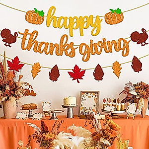 Happy Thanks Giving Banner Fall Leaves Garland Thanksgiving Day Autumn Turkey Theme for Happy Thanksgiving Party Glitter Gold Decoration