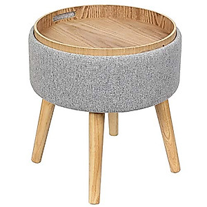 SOFT ASS Multi-Functional Round Storage Ottoman Footrest with Coffee Table Tray, Light Grey Linen with Detachable Wooden Feet/Footstool for Bedroom, Study and Living Room (Light Grey1)