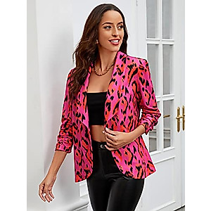 Verdusa Women's Leopard Print Ruched 3/4 Sleeve Shawl Collar Blazer Jacket Hot Pink L