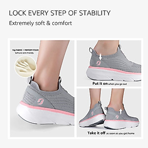 STQ Slip on Tennis Shoes for Women Supportive Walking Shoes Cushioned Fashion Sneakers Arch Support Jogging Shoes for Workout Grey Pink 8 US