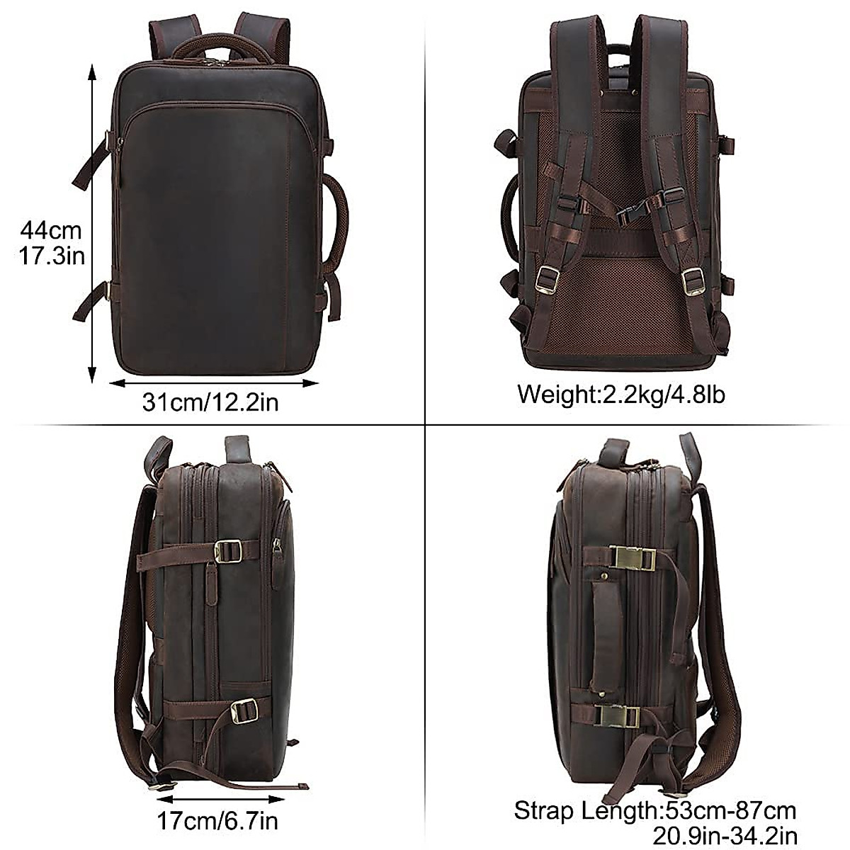 Masa Kawa Vintage Leather Backpack for Men Fits 15.6 Inch Laptop Expandable 36L Business Travel Carry On Backpack School Daypack Weekender Bag