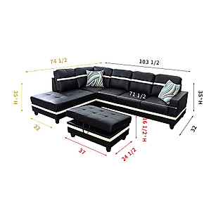 GEBADOL Lifestyle Furniture 3 Piece Sectional Sofa Couch Set, L-Shaped Modern Sofa with Chaise Storage Ottoman and Pillows, Faux Leather, Left Facing