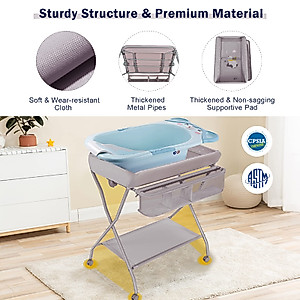 Costzon Portable Changing Table, Mobile Baby Changing Table with Wheels, Safety Belt, Large Storage Basket, Rack & Shelf, Folding Diaper Changing Station Nursery Organizer for Infant Newborn (Gray)
