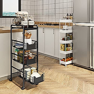Slim Storage Cart 4 Tier - Rolling Storage Cart with Drawers and Wheels for Narrow Bathroom Storage, Rolling Metal Utility Shelving Cart for Kitchen Bathroom Laundry, Living Room (Black)