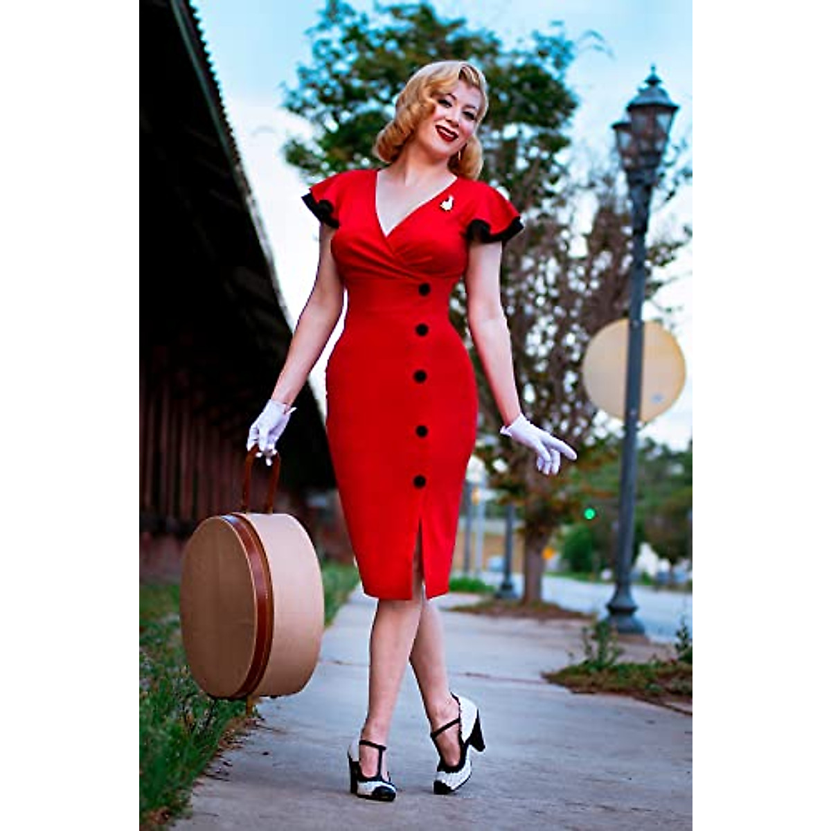 Miusol Women's Navy Style Deep-V Neck Vintage Evening Pencil Dress(X-Large,Red)