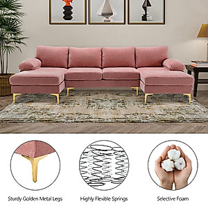 Homtique U Shaped Sectional Couch,Modern Large Modular Sectional Sofa for Living Room,Chenille Fabric Oversized Couch with Chaise Lounge and Golden Legs (Pink)