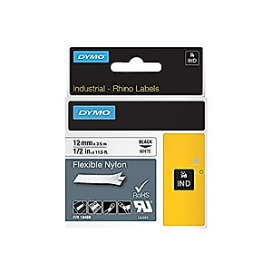 Dymo 18488 Rhino Flexible Nylon Industrial Label Tape, 1/2-Inch X 11 1/2 Ft, White/Black Print