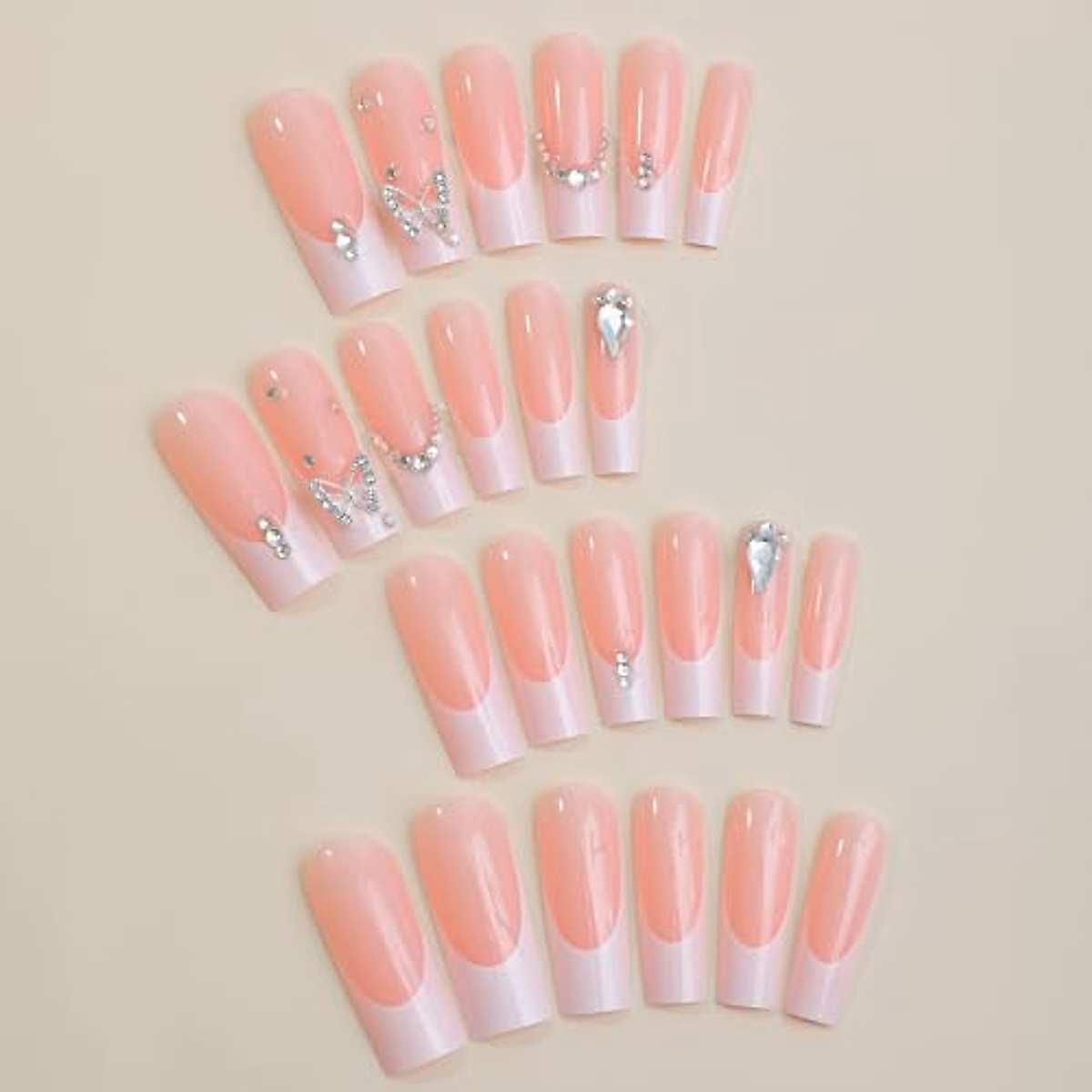 French Tip Press on Nails Long Square Fake Nails 3D Butterfly False Nails White French Tips Square Acrylic Nails Glossy Pink Artificial Nails Full Cover Long Stick on Nails for Women and Girls, 24Pcs