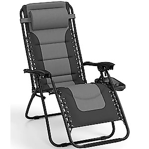 MFSTUDIO Zero Gravity Chairs, Patio Recliner Chair, Padded Folding Lawn Chair with Cup Holder Tray,Grey