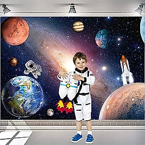 YMWQLAL Outer Space Backdrop for Baby Kids Astronaut Themed Birthday Party Decorations Supplies Universe Galaxy Stars Photography Background for Children Birthday Banner Photo Booth (7x5 FT)