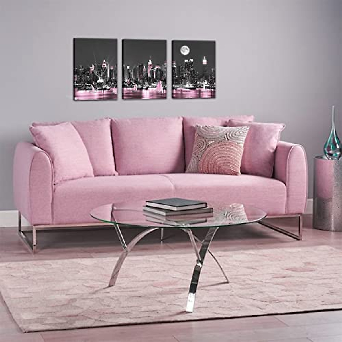 Sycdeor Romantic Black and Pink New York City Night Scenes Canvas Wall Art- Modern Cityscape Sailboat Building Prints Painting for Living Bedroom Home Decor 3Panels Each 12"x16"