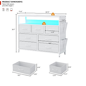 CollaredEagle 7 Drawer Dresser with Charging Station, TV Stand Fabric Storage Tower for Bedroom,Storage Drawers with LED, Wooden Top for TV up to 43 inch, for Bedroom, Living Room, Entryway, White