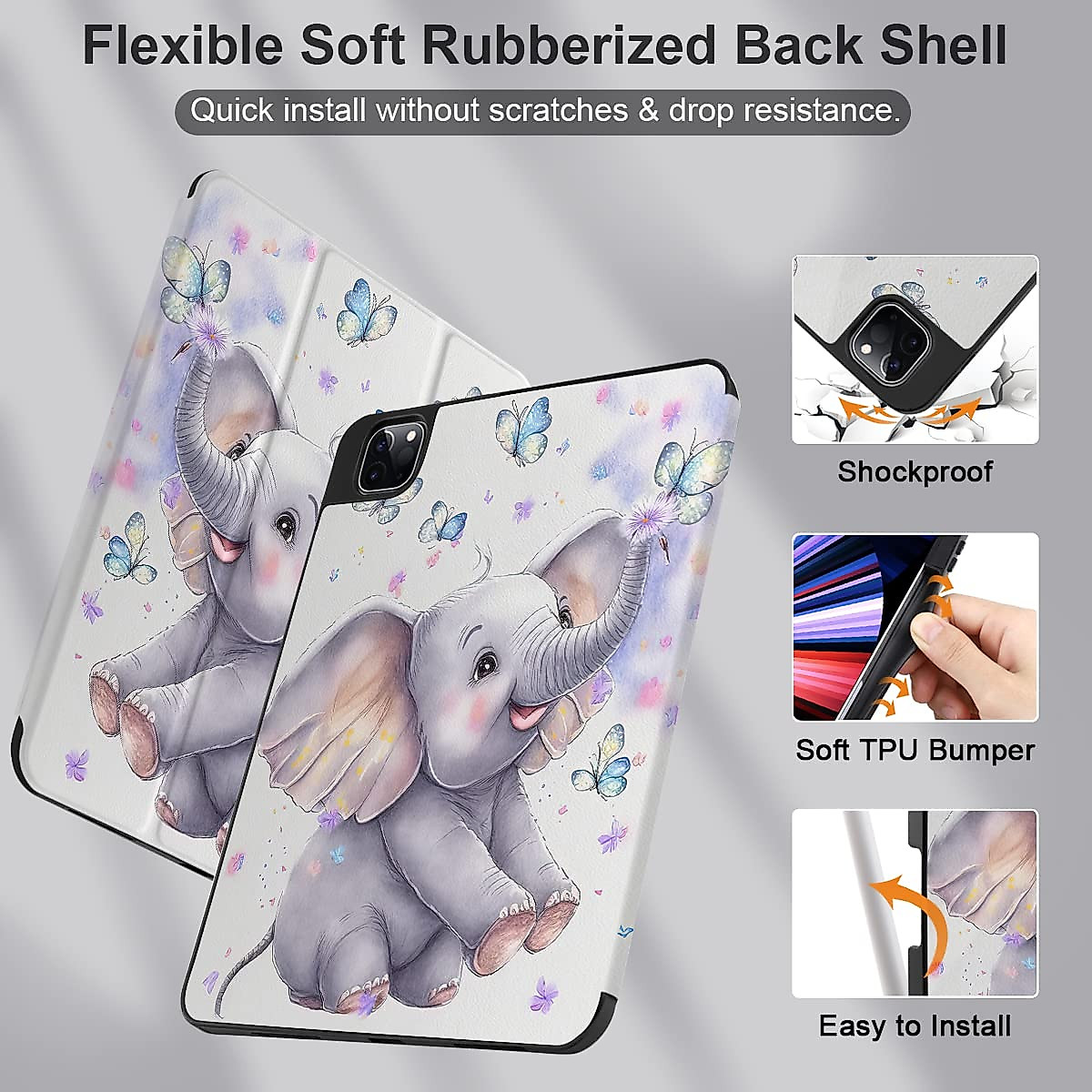 DONGKE Case for 2021/2022 iPad Pro 12.9 inch 5th / 6th Gen - Slim Protective Case - Apple Pencil Charging - Trifold Stand & Sleep/Wake Cover, Also Fits to iPad Pro 12.9 3rd / 4th Gen, Elephant