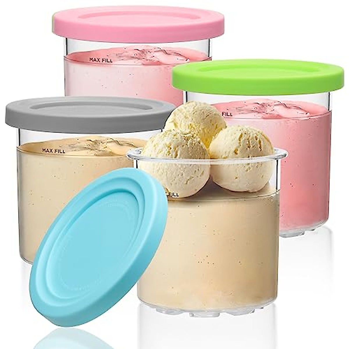 SEVEMIL Ice Cream Pints Containers, 16oz Cups Replacement for Ninja Pints and Lids Compatible with NC299AMZ & NC300s Series Ice Cream Maker, Dishwasher Safe & Leak Proof Lids 4 Pack