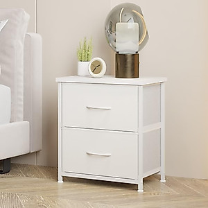LUMTOK White Nightstand with Drawer, 2 Drawers Dresser for Bedroom, Small Night Stand and Dressers Sets Fabric Drawers, End Table Drawer Living Room (2PCS)