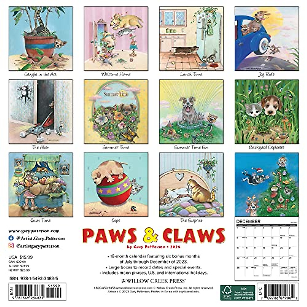 Willow Creek Press Gary Patterson's Paws n Claws 2024 12" x 12" Wall Calendar Gary Patterson
